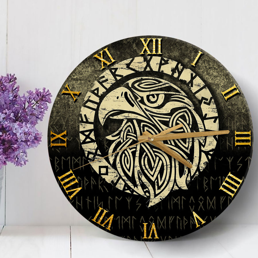 Tspinners Clock – Viking Raven Wooden Clock (Gold) A7 - tspinners